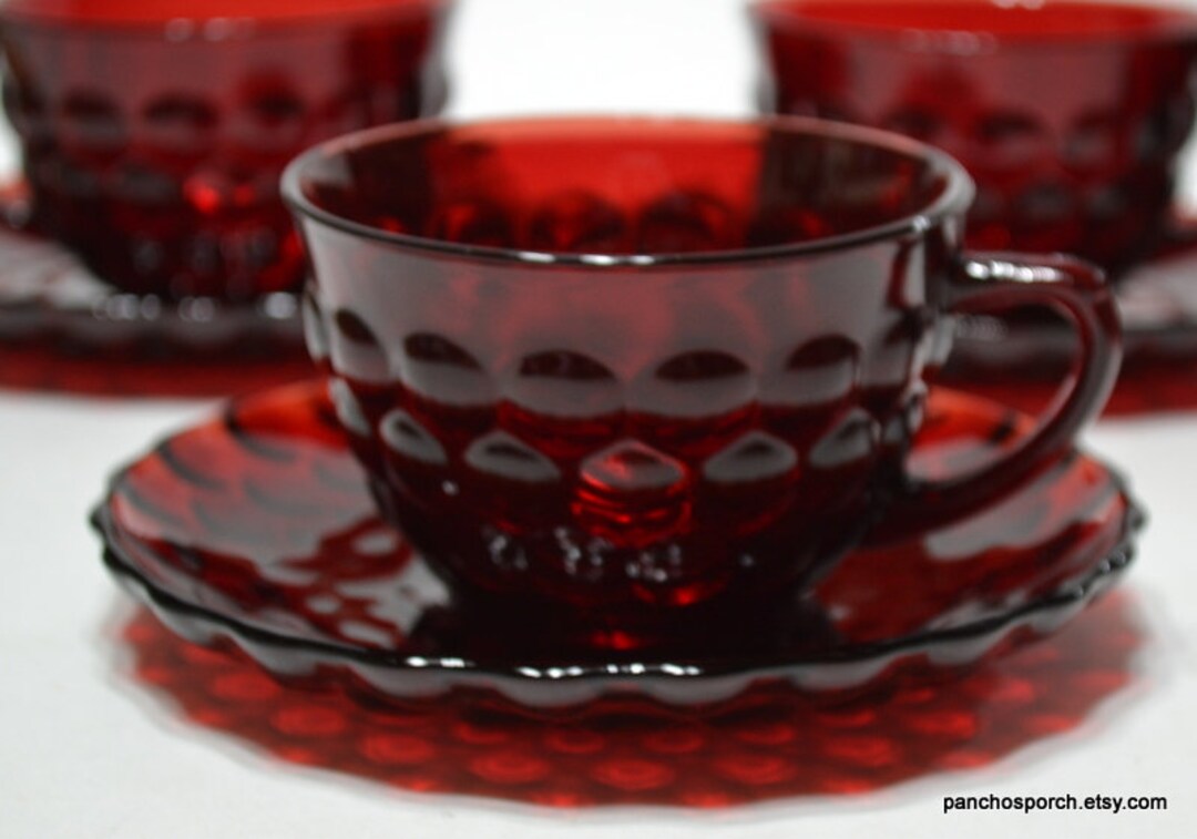 Vintage Bubble Ruby Red Cup and Saucer Set of 4 Glass Round Dots ...