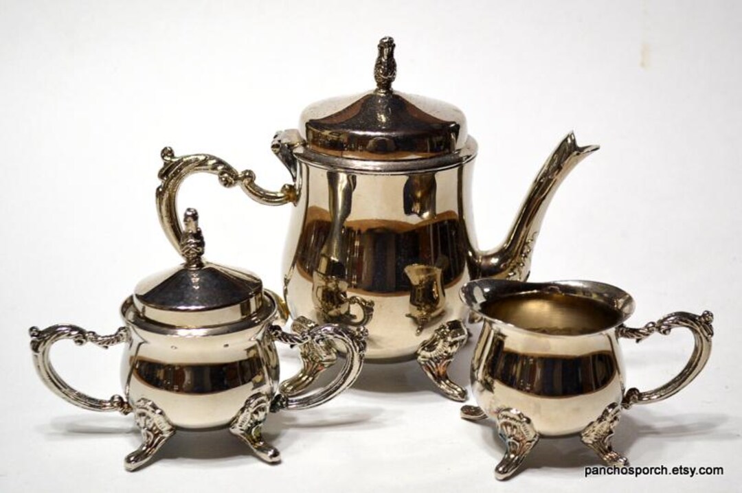 Vintage Small Silver Plate Tea Set Ornate Tarnished Silverplate Teapot ...