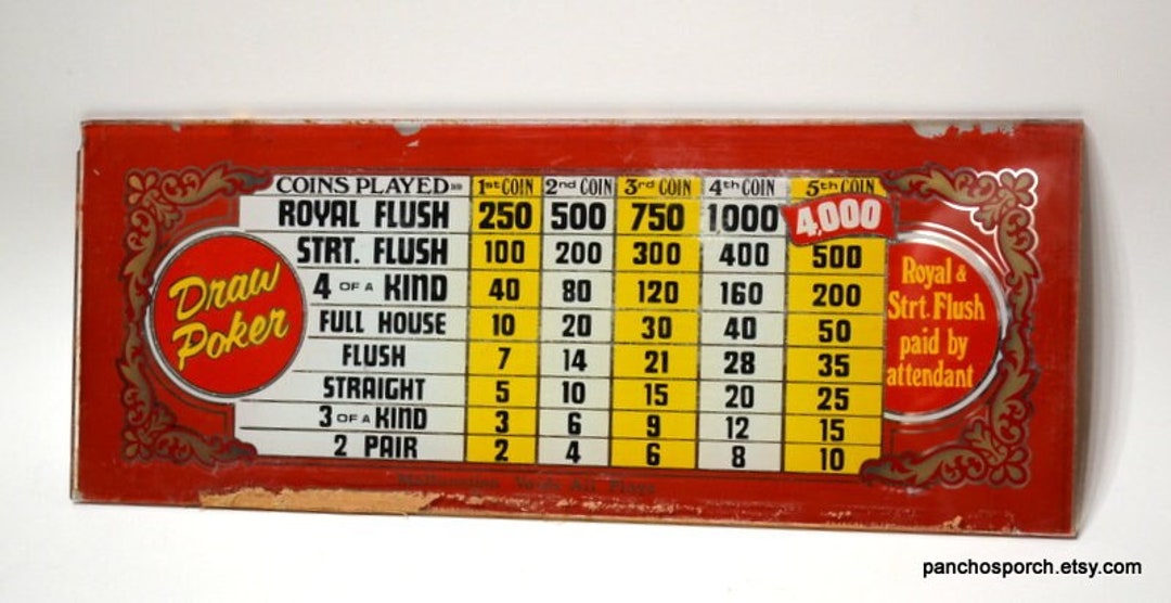 Vintage Draw Poker Glass Panel Casino Slot Machine Jackpots Royal Flush ...