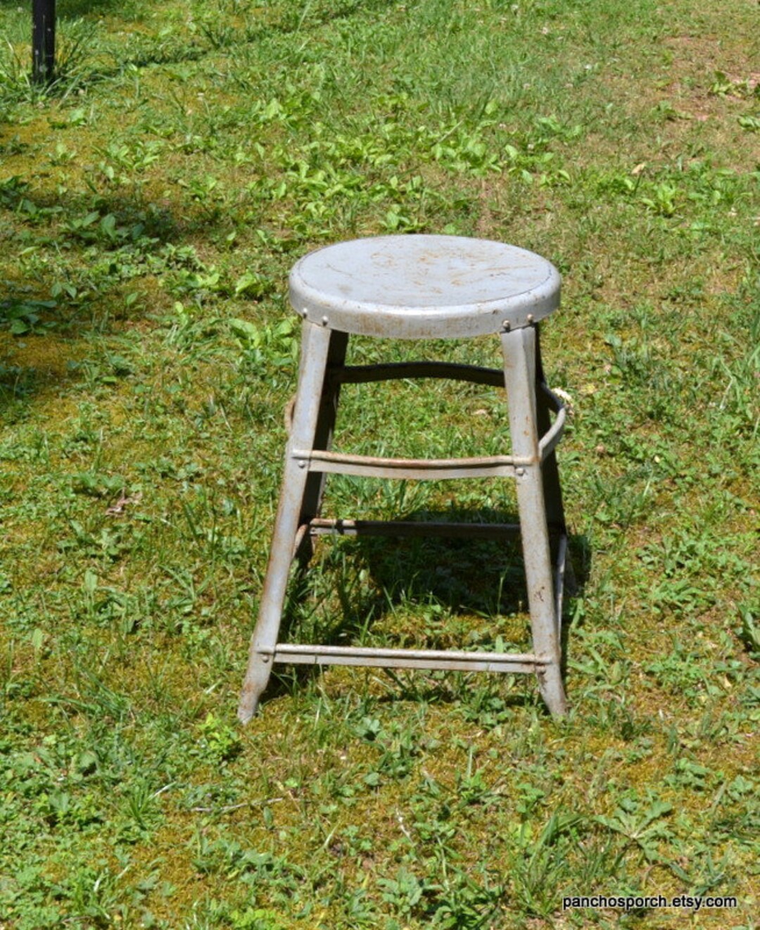 Vintage Gray METAL STOOL Worn Chippy Work Stool Light Weight Industrial ...