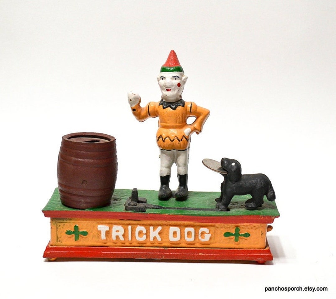 Vintage TRICK DOG Mechanical Bank Cast Iron Replica Circus Clown Barrel ...