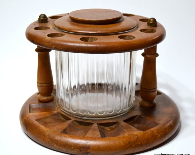 Vintage Wooden Pipe Rack Clear Glass Humidor Jar 10 Slot Pipe Stand ...