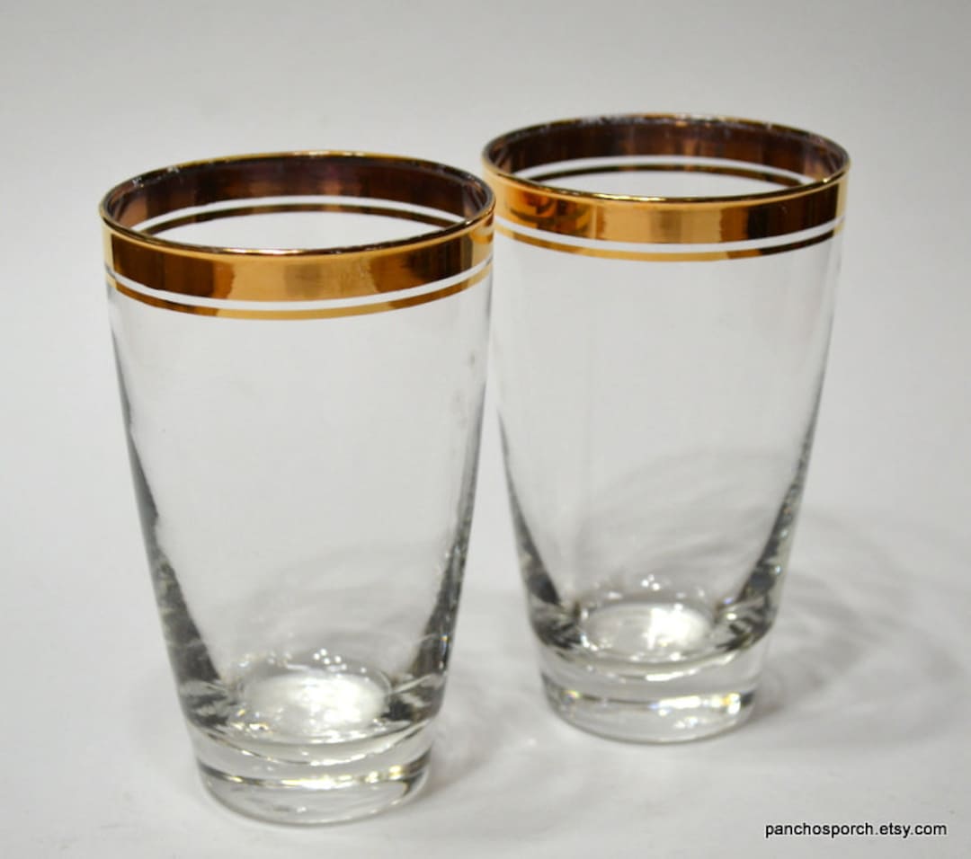 Vintage Libbey Gold Rim Glass Tumbler Set of 2 Double Gold Band Mid ...
