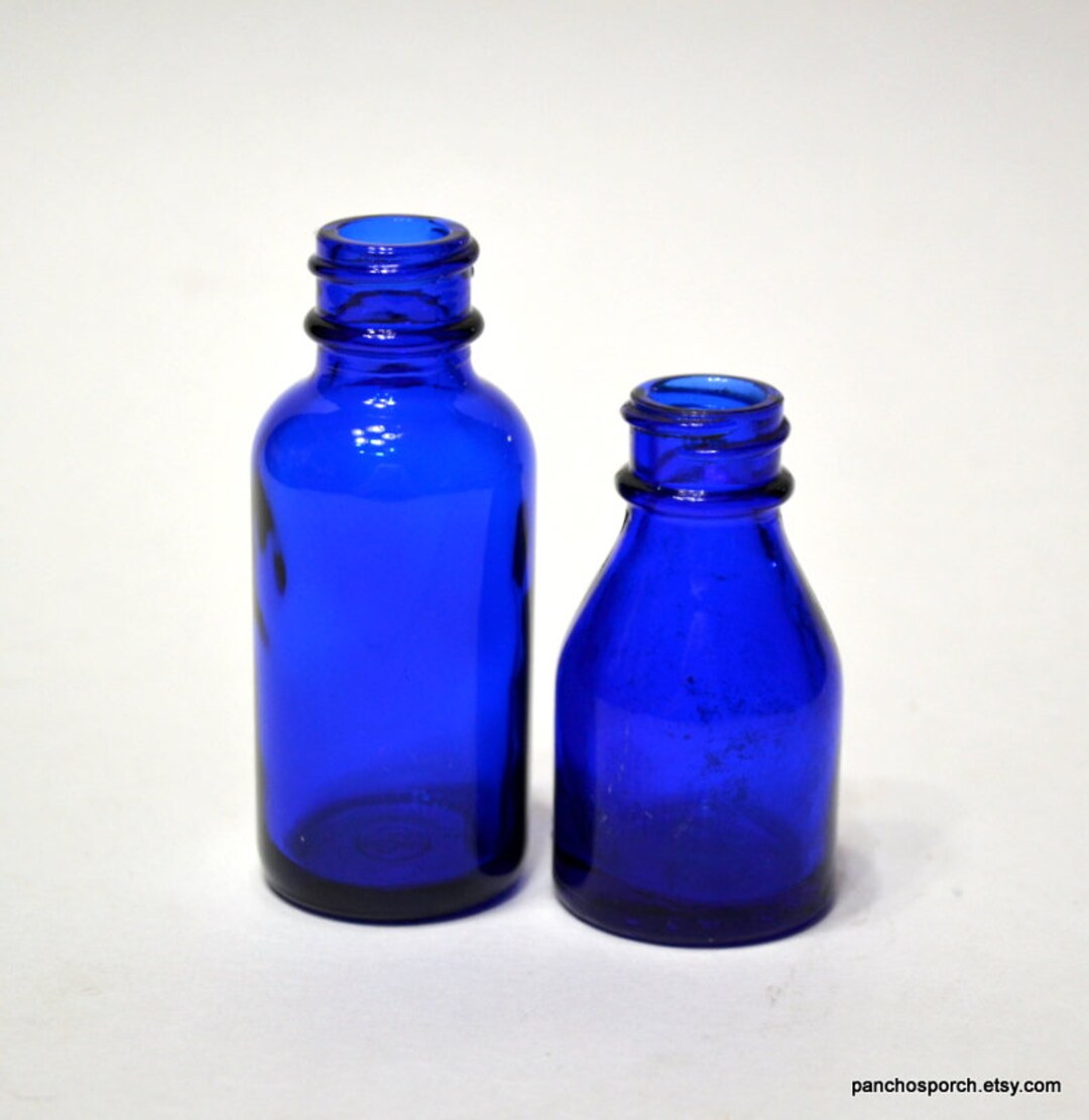 Vintage Cobalt Blue Glass Bottle Set Of 2 Small Tiny Medicine Bottles Bud Vase Vicks Va Tro Nol