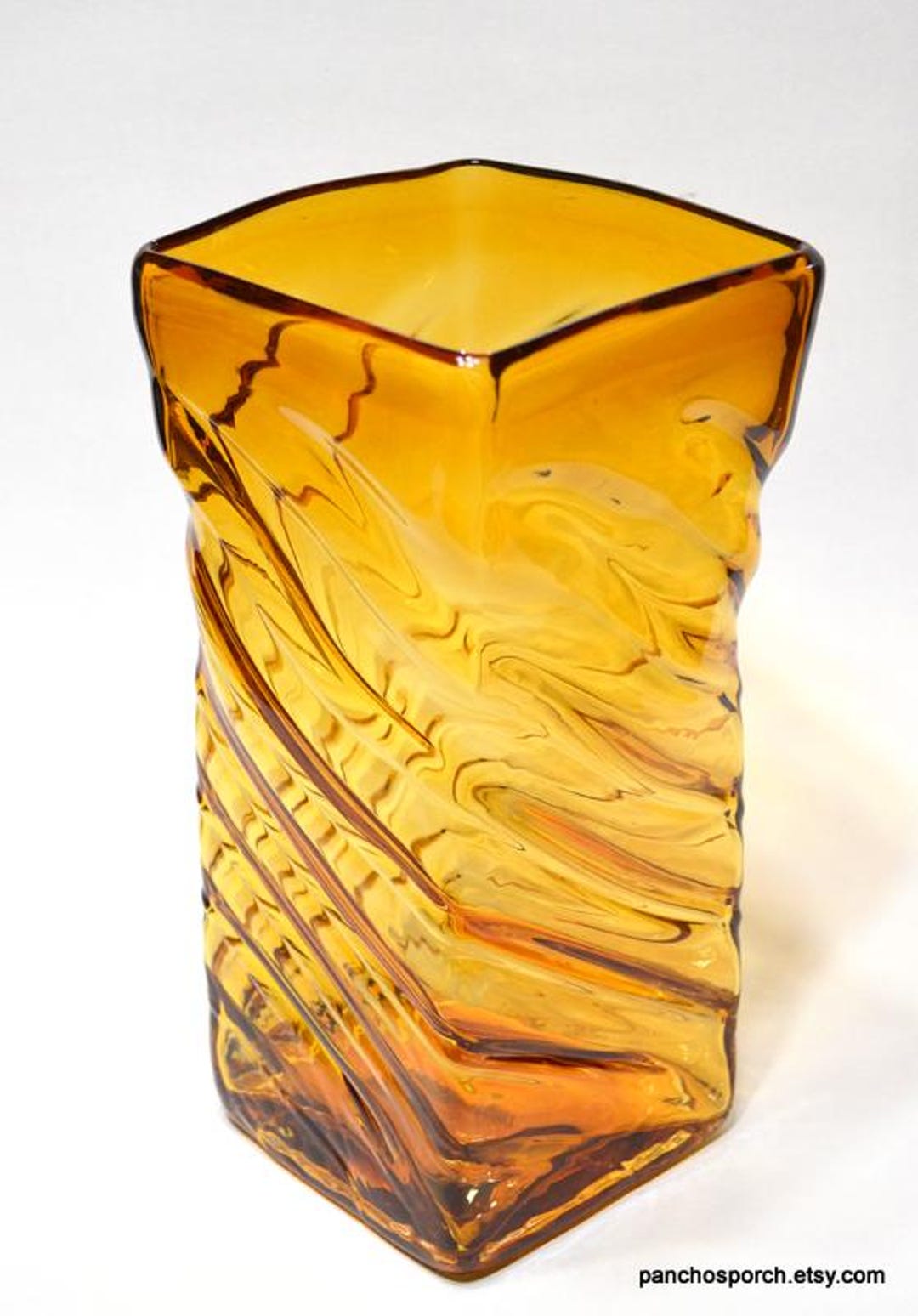 Vintage Amber Glass Vase Square Twisted Swirl Art Glass Flower Vase 9 ...