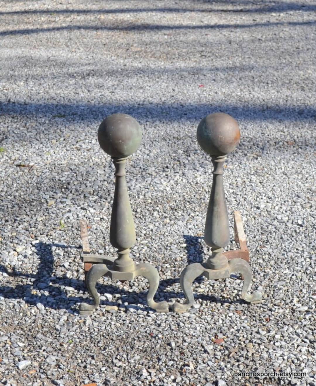 Vintage BRASS Cannon Ball Andirons Classic Traditional Fireplace Hearth ...