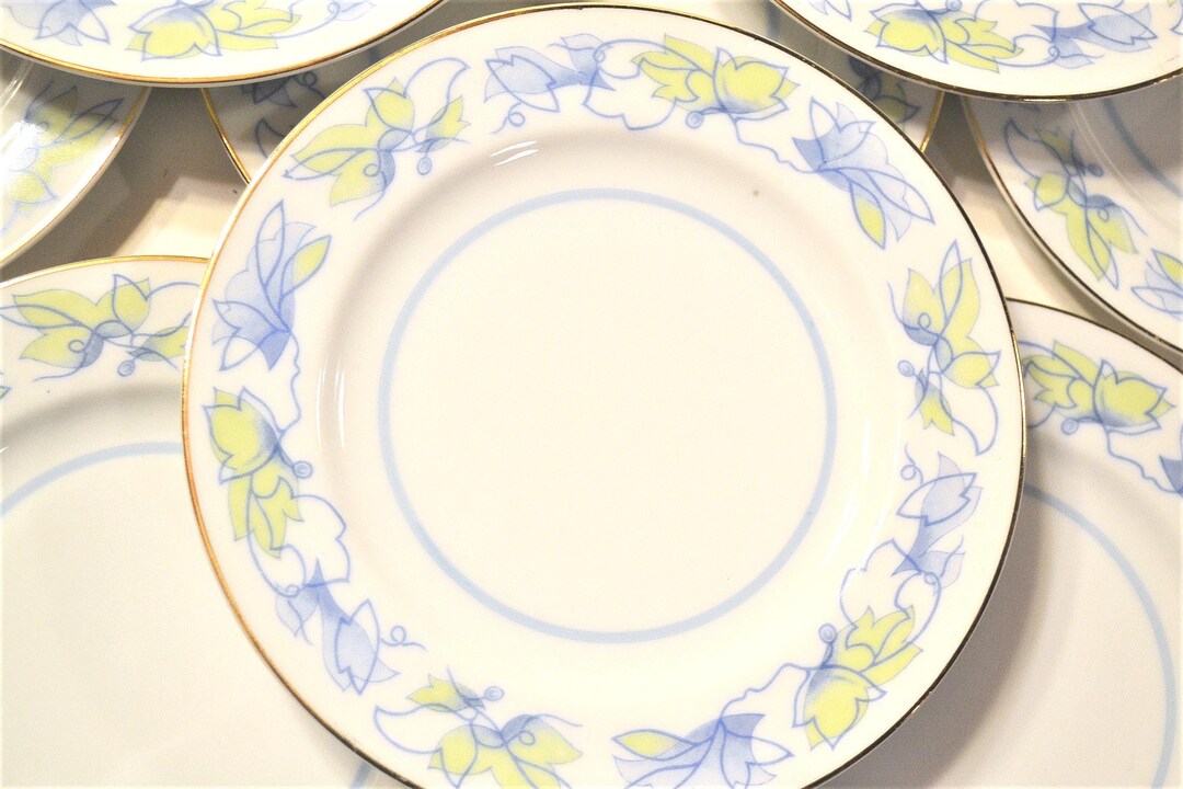Vintage Aladdin Arcadian Bread Plate Set of 5 Blue Green Leaf Border ...