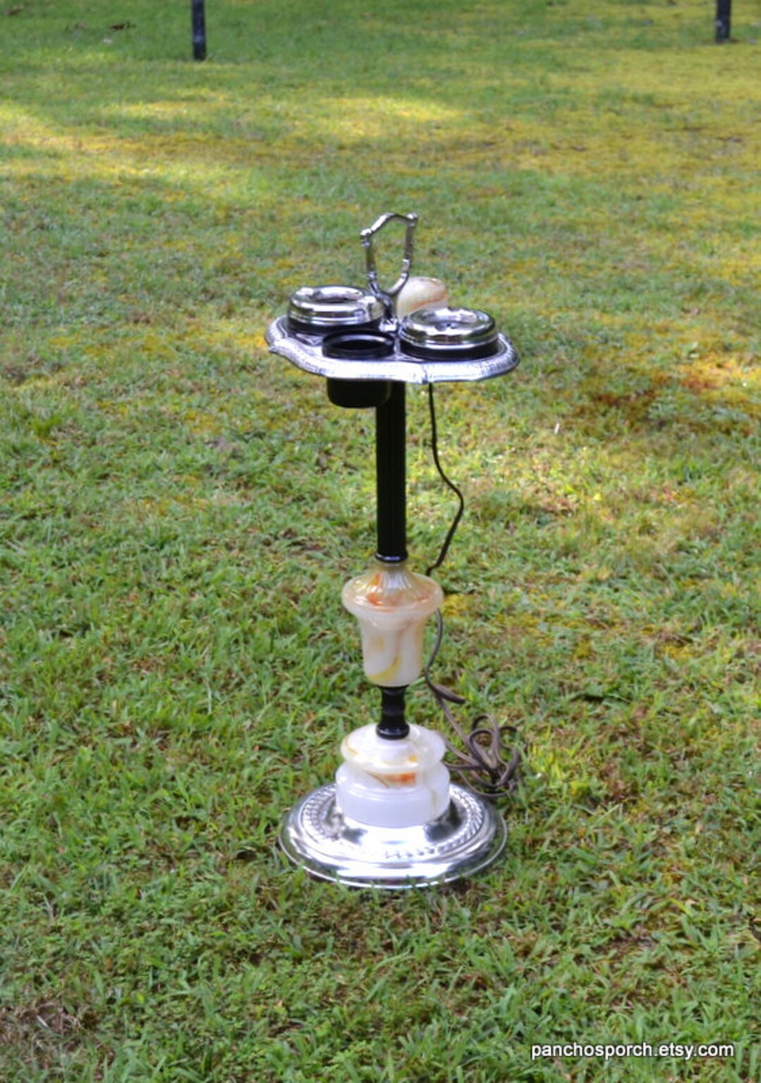 Vintage SMOKING STAND Chrome Metal and Faux Alabaster Glass Art Deco ...