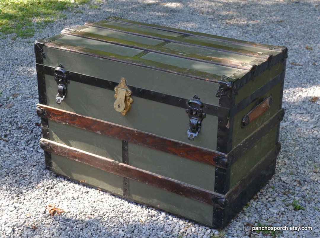 Vintage Green Steamer Trunk Wood and Metal Flat Top Trunk Storage Chest ...