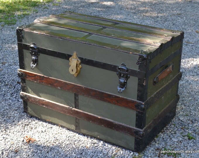 Vintage Green Steamer Trunk Wood and Metal Flat Top Trunk Storage Chest ...
