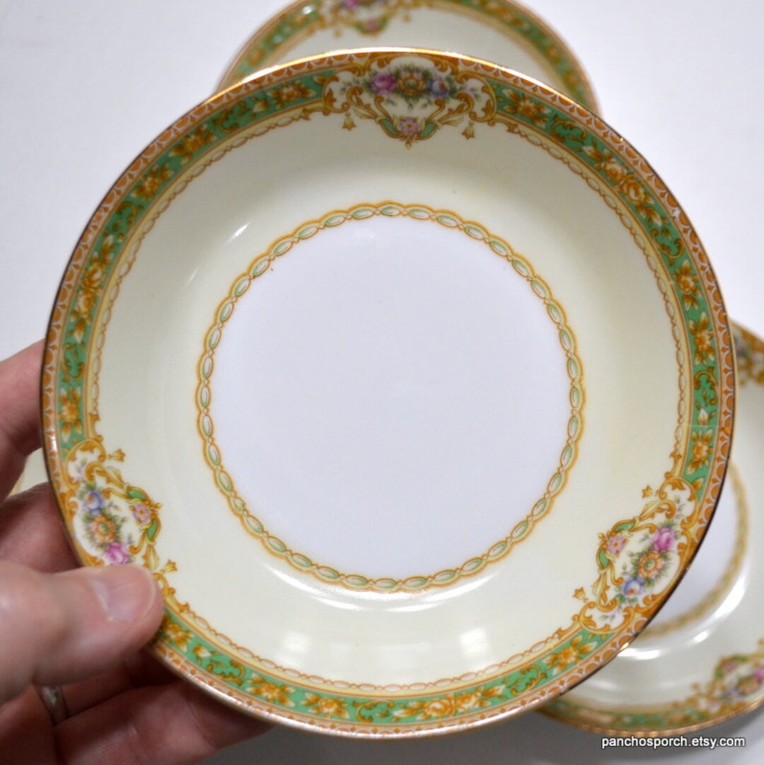 Vintage MEITO Floral Fruit Bowl Set of 4 Green Tan Gold Pattern Antique ...