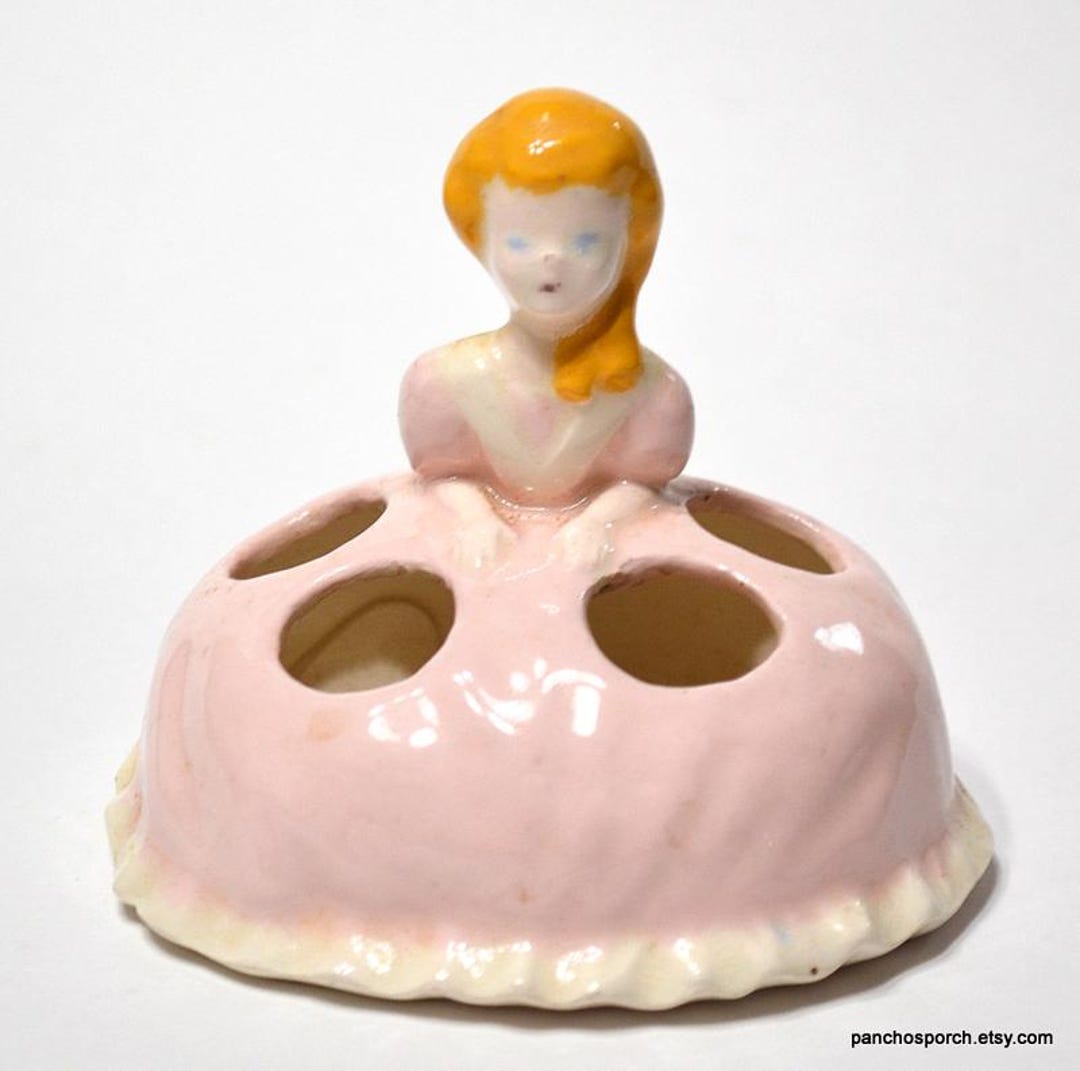 Vintage Ceramic Lipstick Holder Girl Lady Shaped Pink Puffy Skirt ...