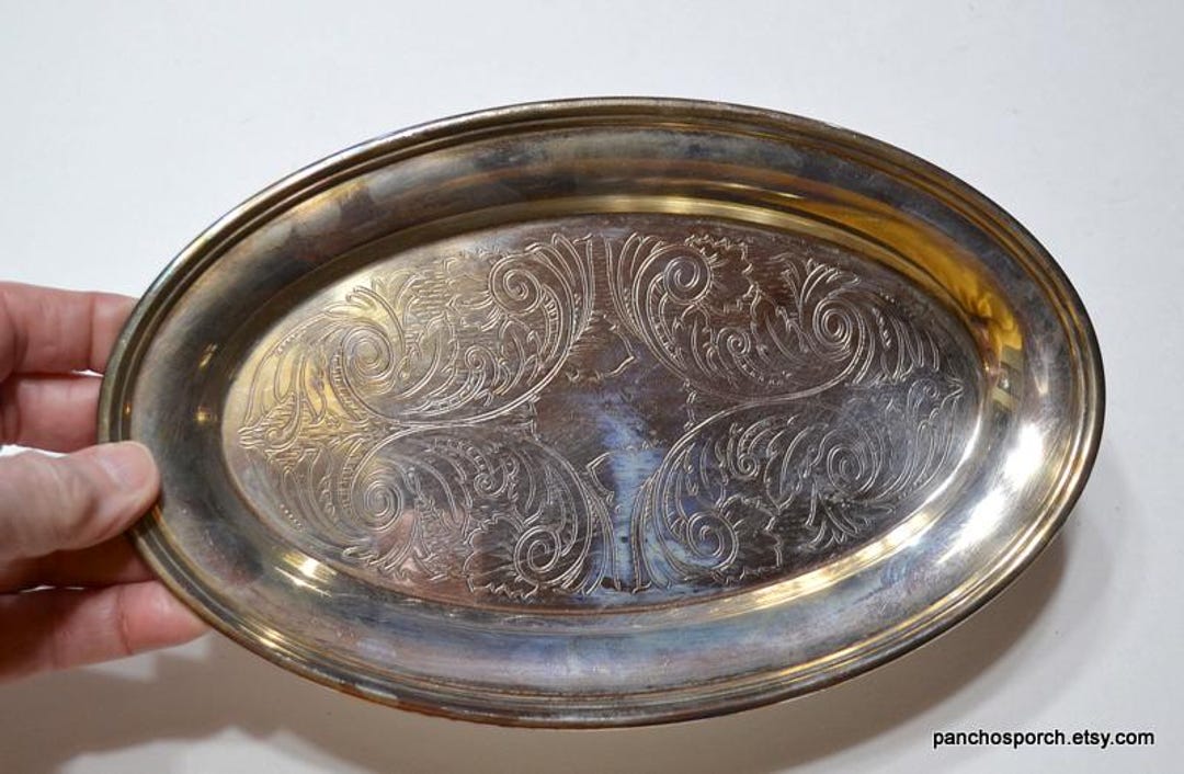 Vintage Oval Silver Plate Tray Etched Center Small Oval Platter 9 Inch ...