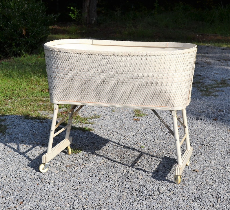 Vintage Baby Bassinet White Basket Weave on Wheels Folding | Etsy