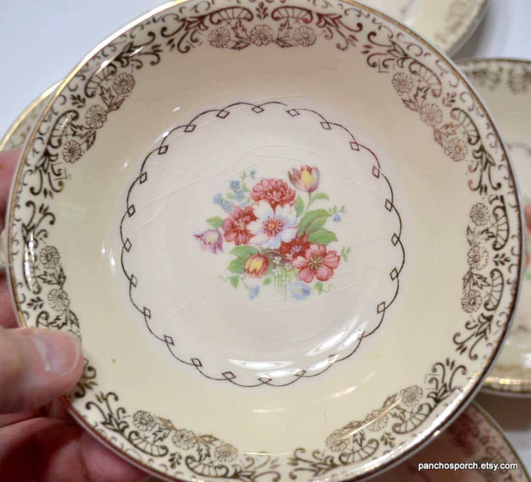 Vintage Paden City Pottery Floral Fruit Bowl Set of 8 Dessert Gold ...