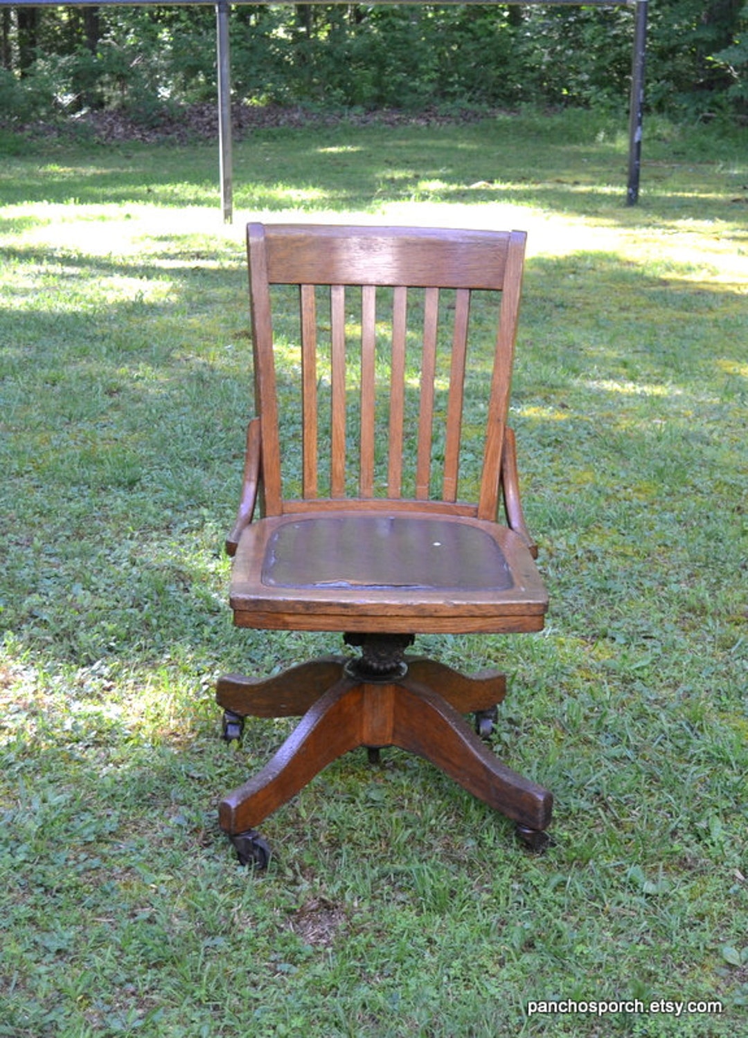 Vintage Oak Desk Chair Swivel Rolling Castors Adjustable Height Wood ...