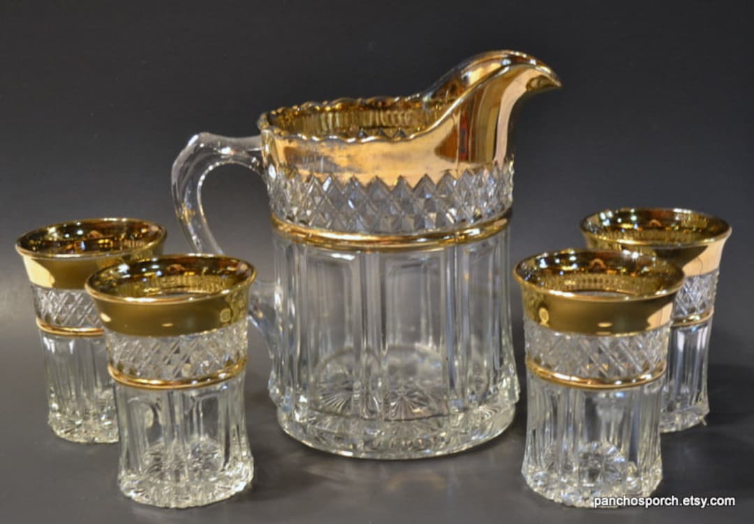Vintage EAPG Drink Pitcher 4 Glasses Clear Glass Gold Details Diamond ...