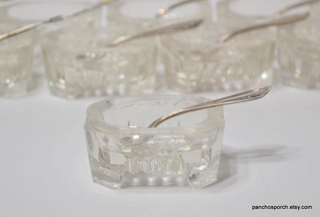 Vintage Glass Salt Cellars With Spoons Set of 9 Chipped Old Clear Glass ...