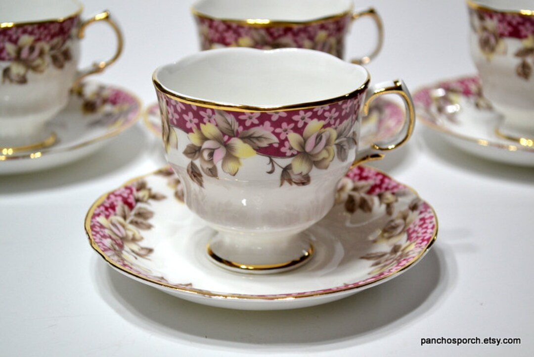 Vintage Arklow Elegance Cup and Saucer Set of 4 Pink Border Floral Rose ...