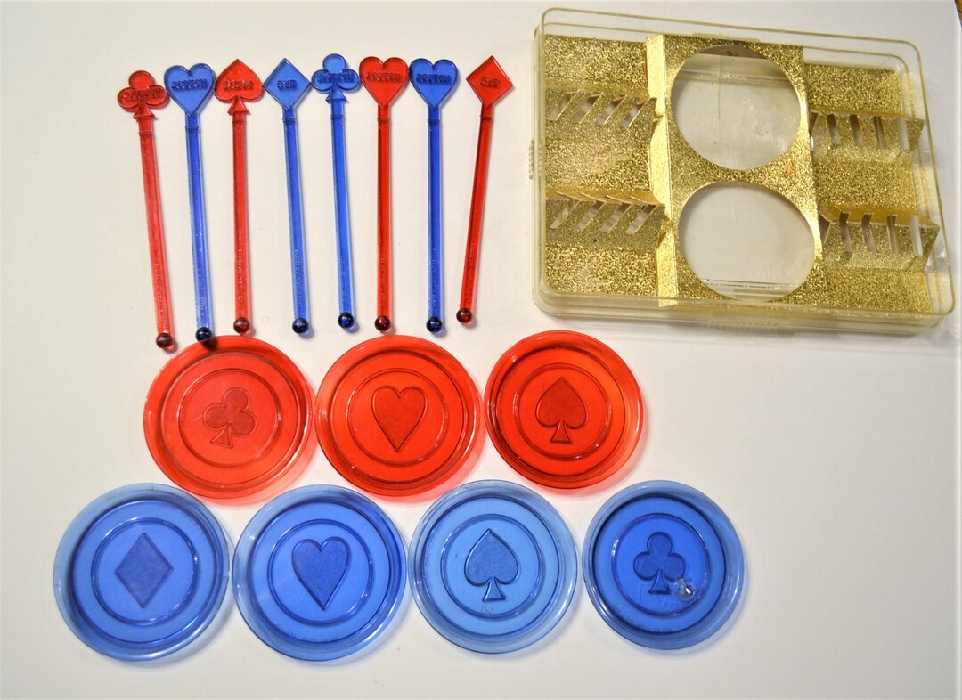 Vintage Bridge Coaster Swizzle Stick Set Red Blue Plastic With Case ...