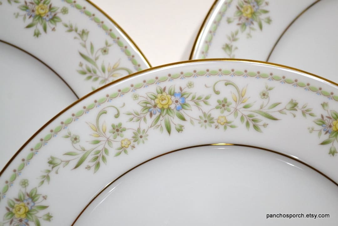 Vintage Noritake Green Hill Salad Plate Set of 4 Floral Gold Rim ...