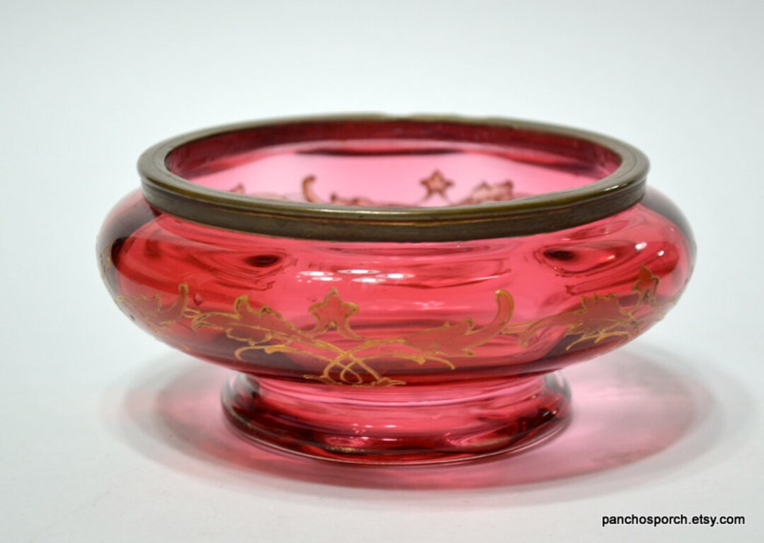 Vintage CRANBERRY GLASS Bowl Brass Rimmed Round Trinket Dish Hand ...