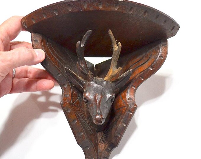 Vintage BLACK FOREST Style Corner Shelf Stag Buck Deer Head Carved Wood ...