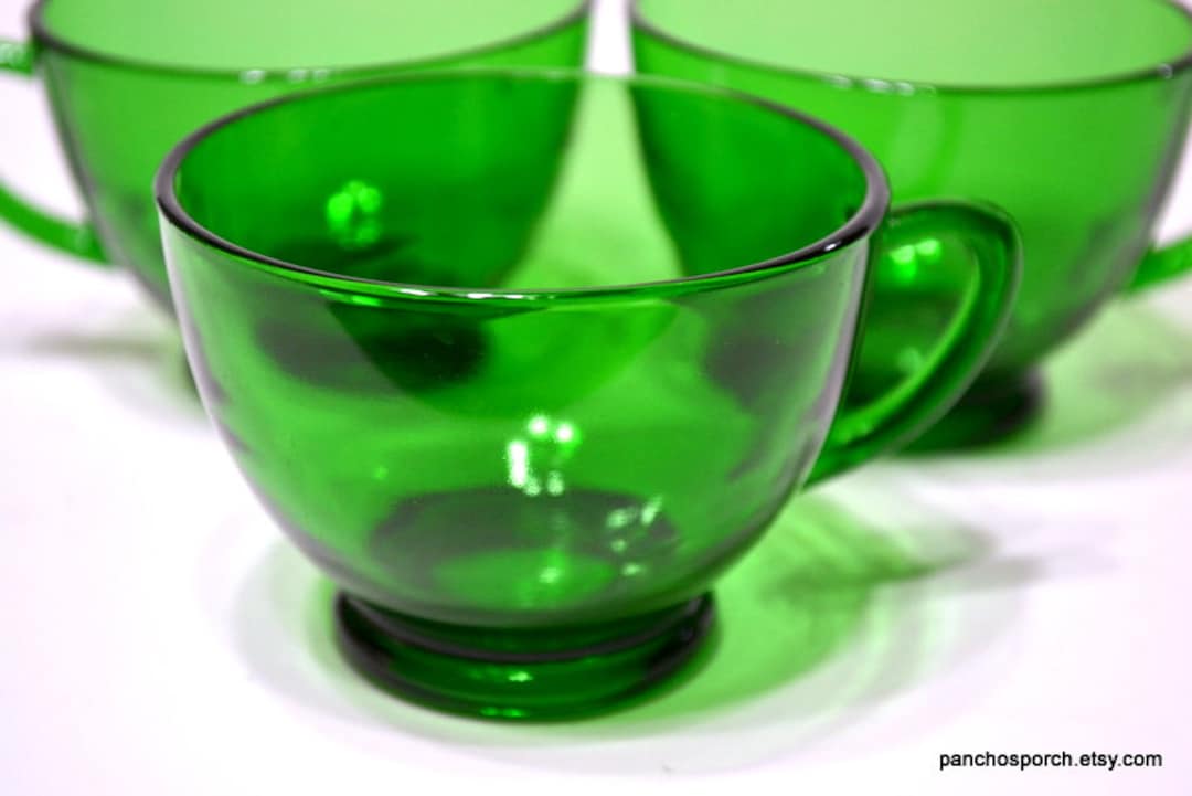 Vintage Forest Green Glass Cup Set of 3 Punch Cup Snack Plate Cup ...