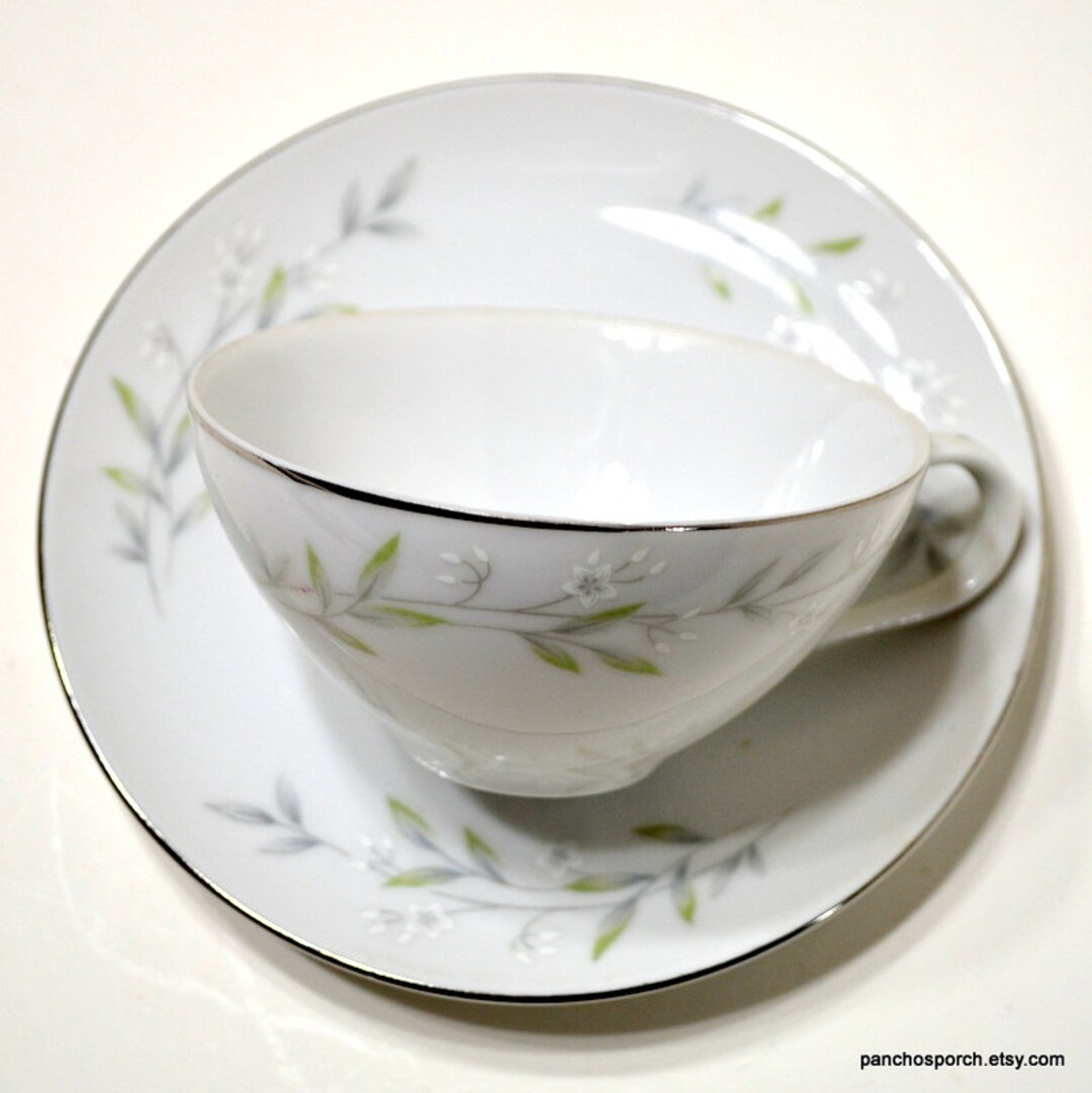 Vintage St Regis Cup and Saucer White Floral Green Leaves Platinum Rims ...