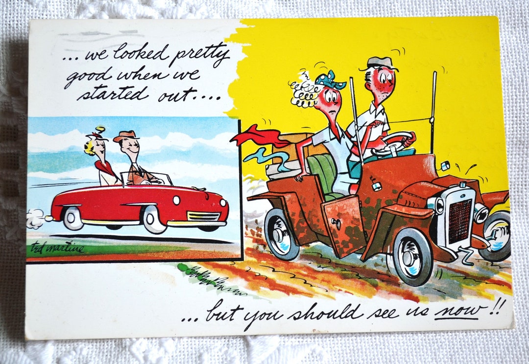 Vintage ROAD TRIP Postcard Man Woman Couple Convertible Humorous Post ...