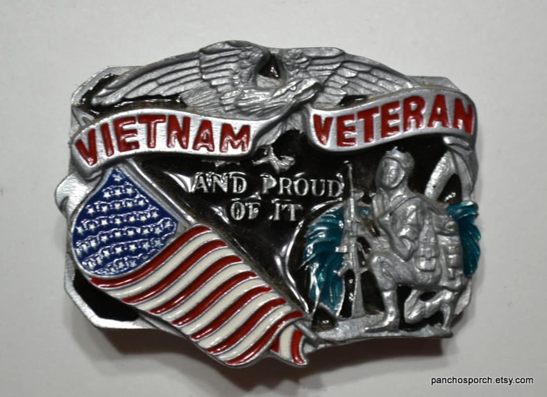 Vintage Vietnam Veteran Belt Buckle: 1988 Pewter Enamel, American Flag ...