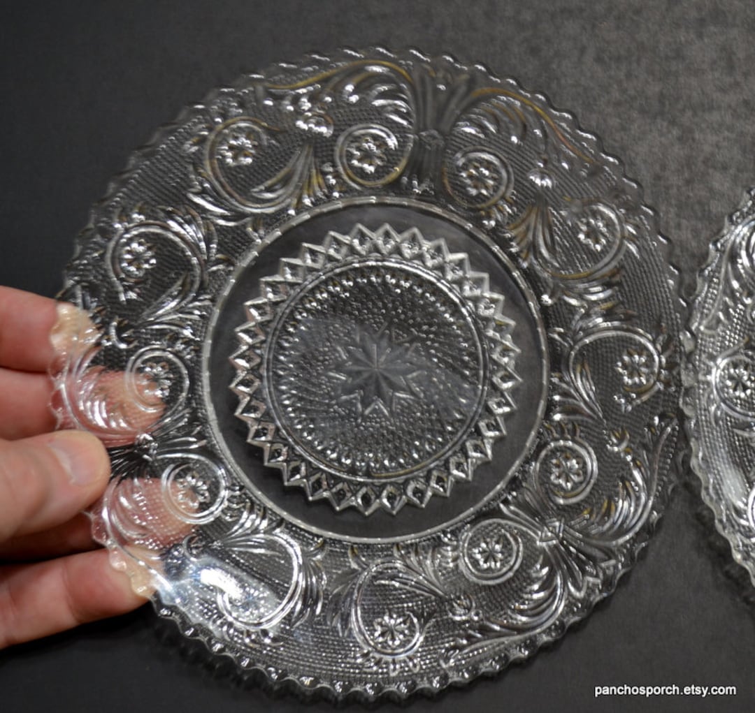 Vintage SANDWICH CLEAR Glass Bread Plate Set of 2 Duncan Miller Scroll ...