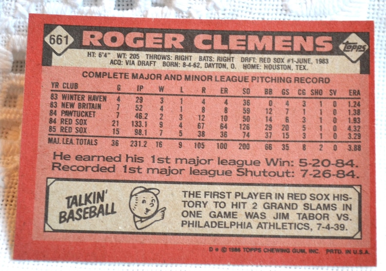 Roger Clemens 1986 Topps Rookie Card - Boston Red Sox Vintage ...