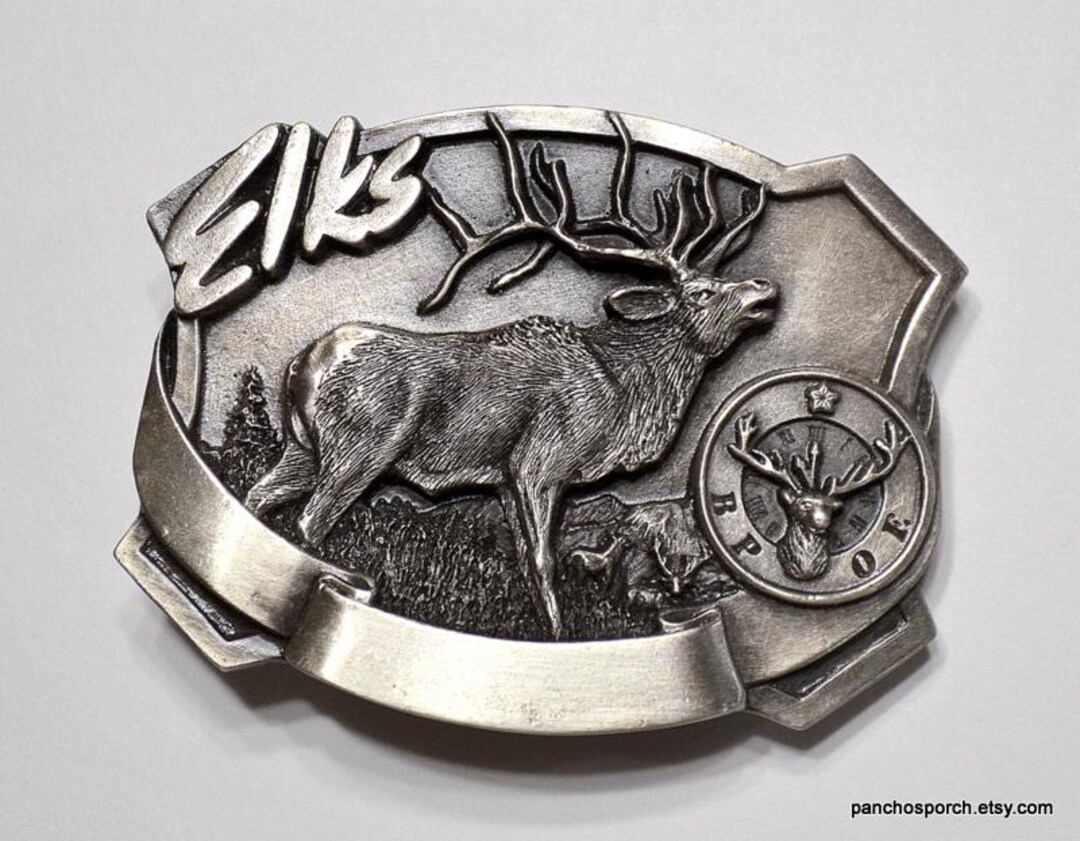 Vintage ELK BPOE Belt Buckle 1980s Benevolent Protective Order of Elks Pewter Siskiyou Cowboy ...