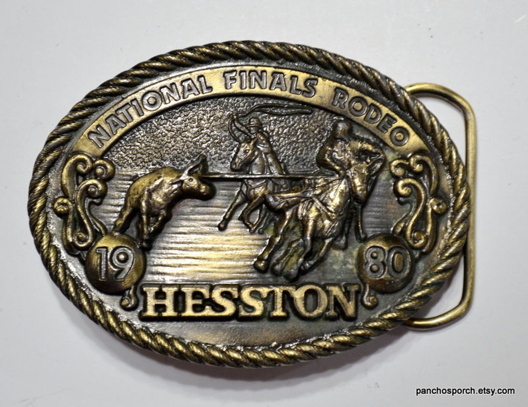 Vintage HESSTON NFR Rodeo Belt Buckle 1980 Brass Metal Mens Adult ...