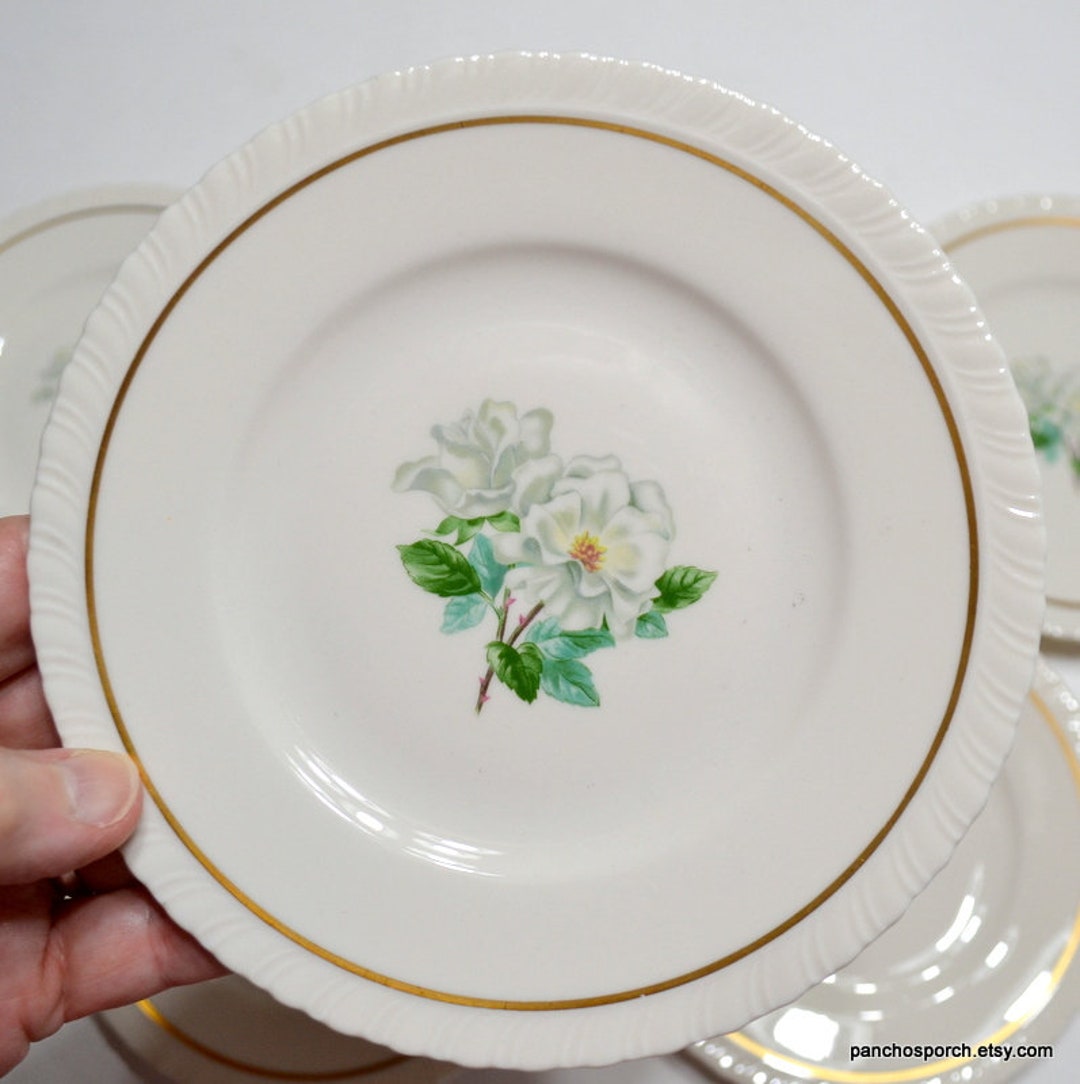 Vintage SILVER ROSE Bread Plate Set of 6 White Rose Floral Green Leaves ...