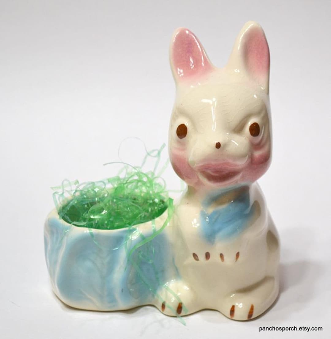 Vintage Ceramic Bunny Planter Blue Cabbage White Rabbit Spring Easter ...