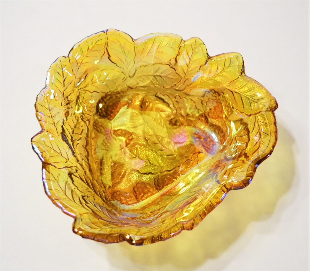 Vintage Marigold Carnival Glass Bowl Loganberry Leaves Triangle Glass ...