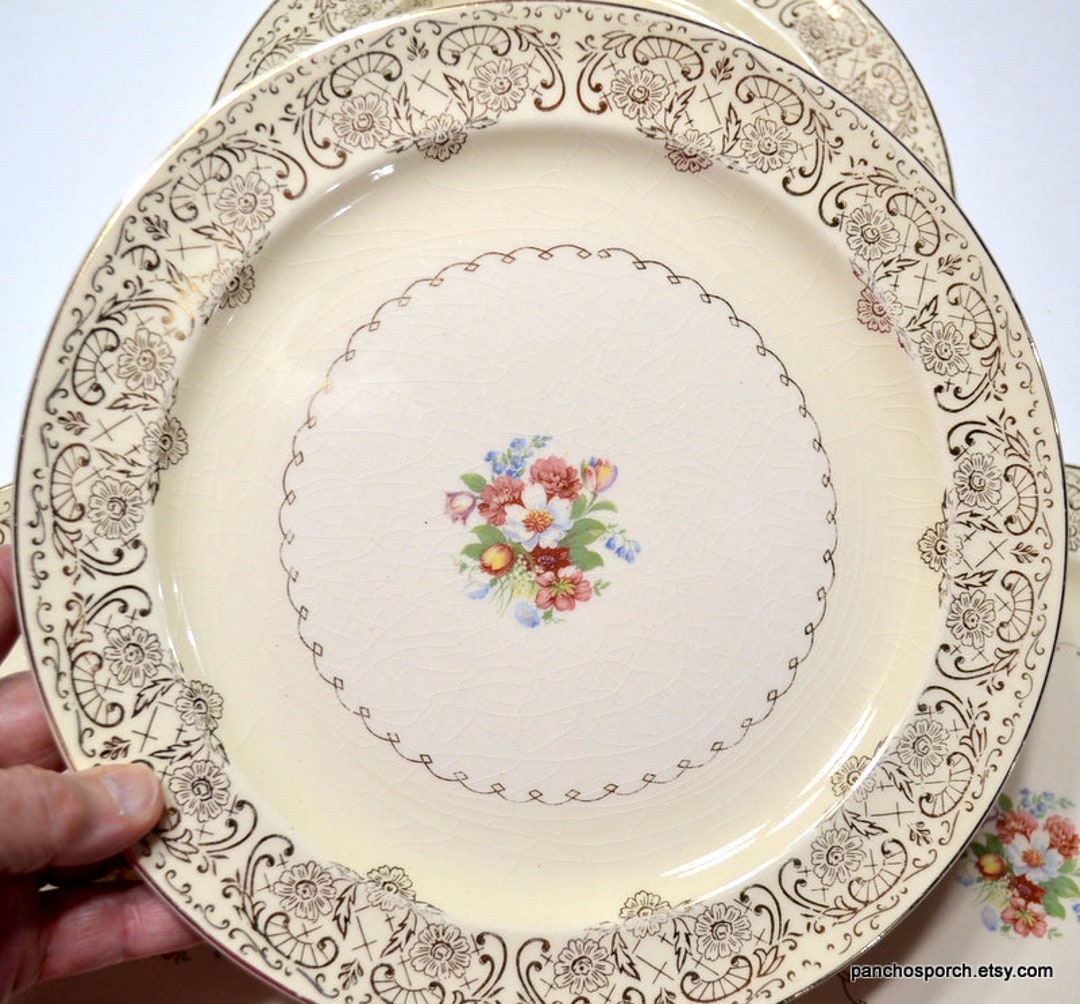 Vintage Paden City Pottery Floral Dinner Plate Set of 4 Gold Filigree ...
