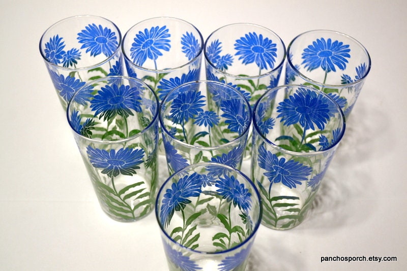 Vintage Floral Glass Tumbler Set of 8 Blue Green SUNFLOWERS - Etsy France