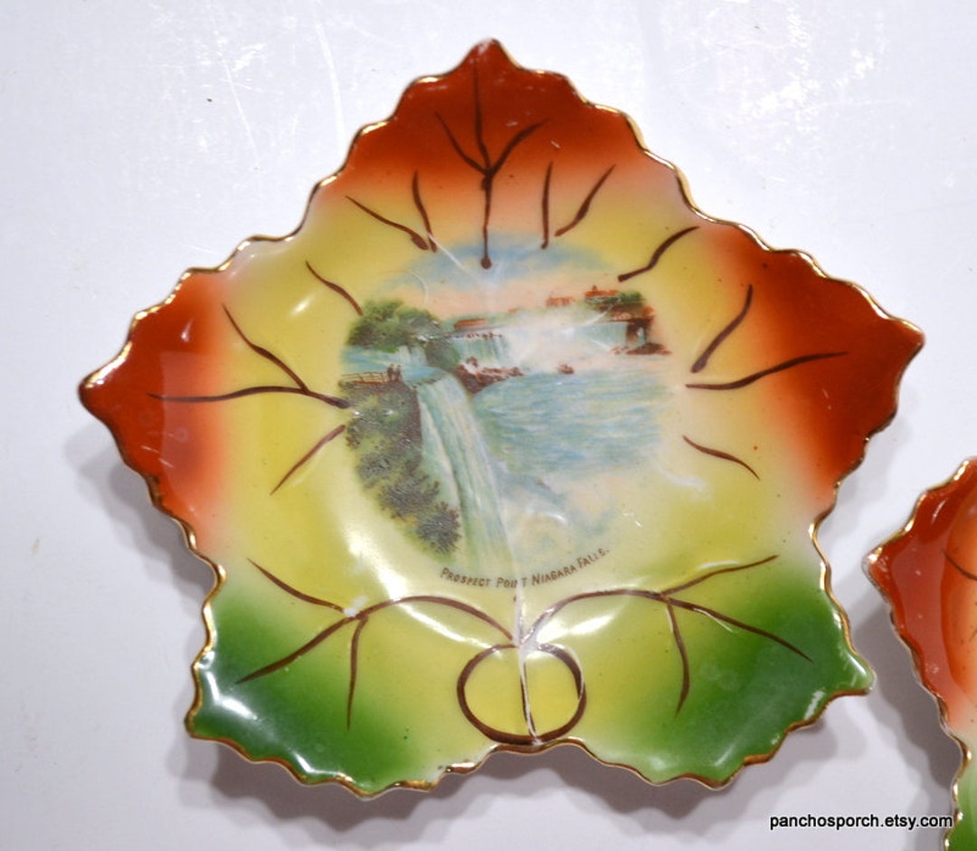 Vintage Niagara Falls Pin Dish Set of 2 Maple Leaf Shaped Small Plate ...