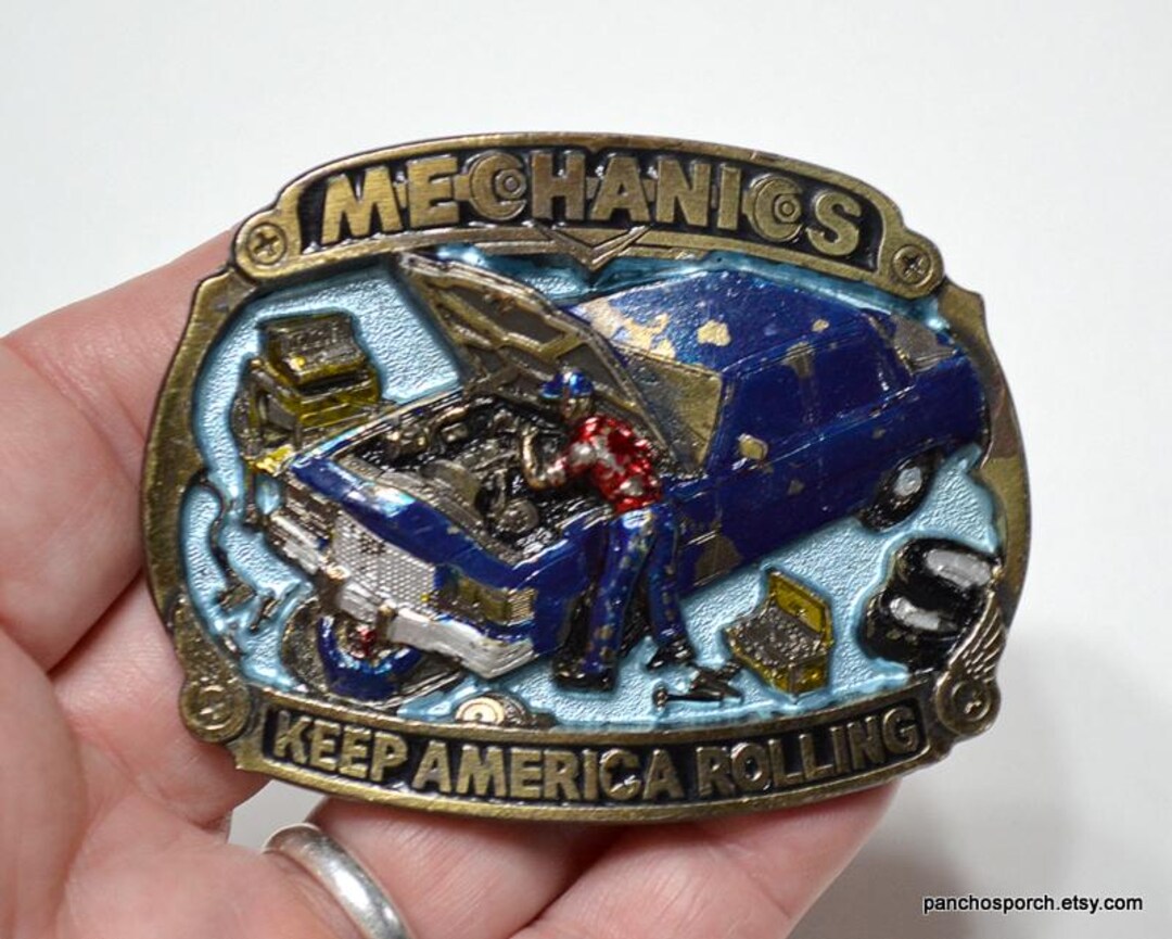 Vintage MECHANICS Belt Buckle Keep America Rolling Brass Worn Enamel ...