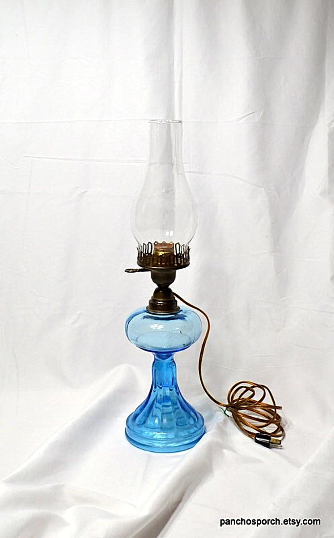 Vintage BLUE Glass Oil Lamp Electrified Antique Kerosene Light Clear ...