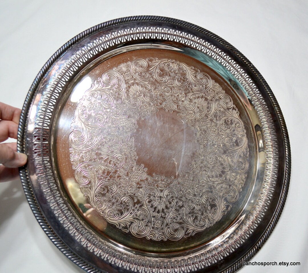 Vintage Wm Rogers Silver Plate Round Tray 172 Table Top Serving Tray 15 ...