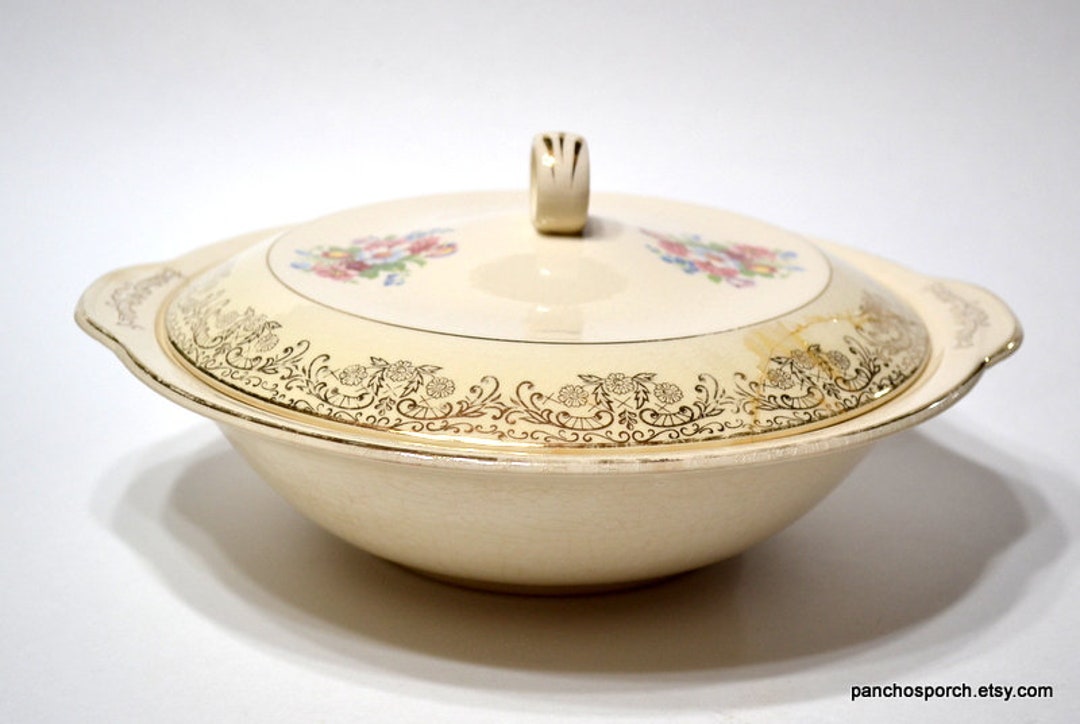 Vintage Paden City Pottery Floral Covered Bowl REPAIRED CHIPS Gold ...