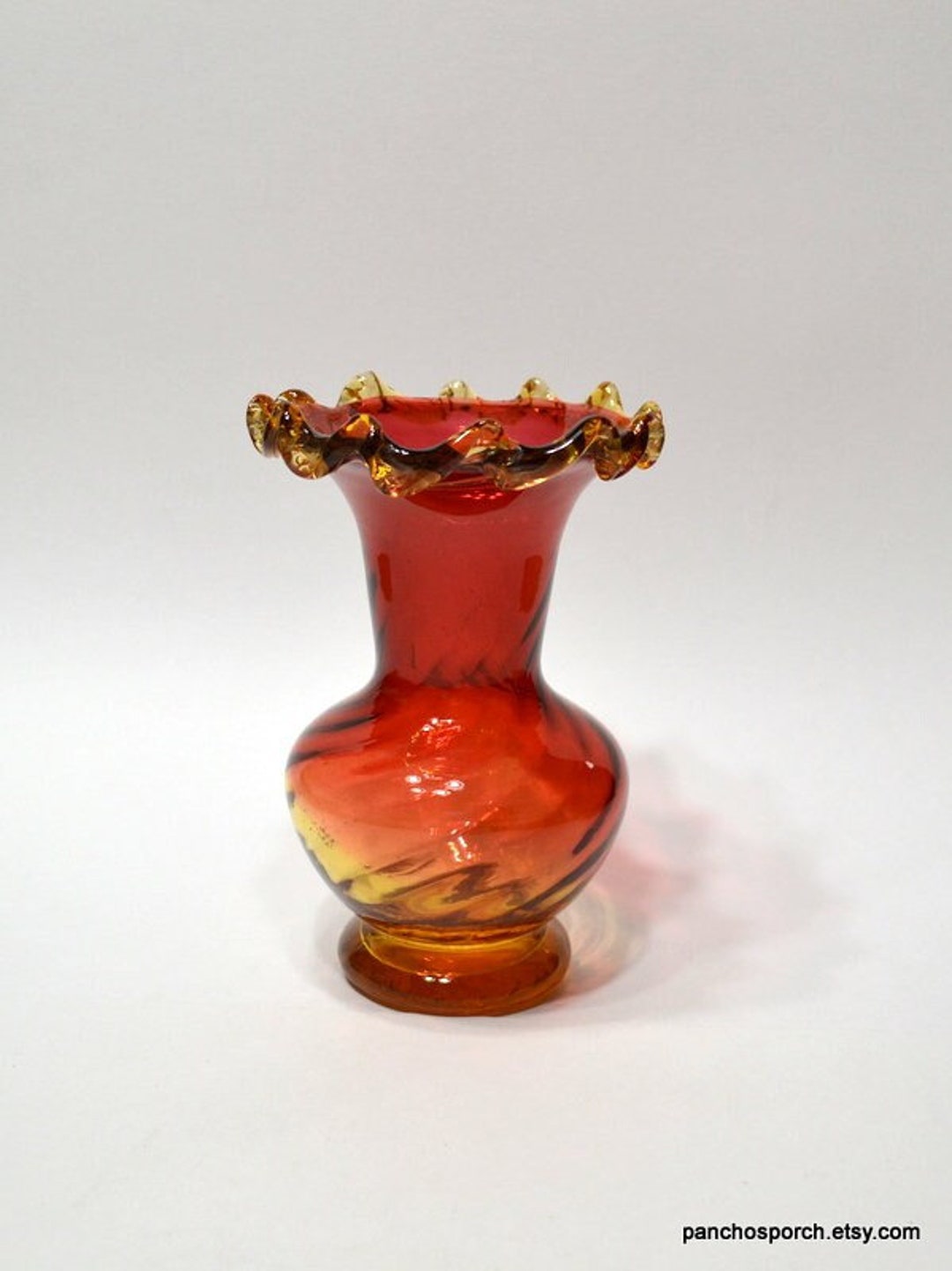 Vintage Amberina Glass Vase: Red Gold Optic Swirl Ruffle Rim Art Glass ...
