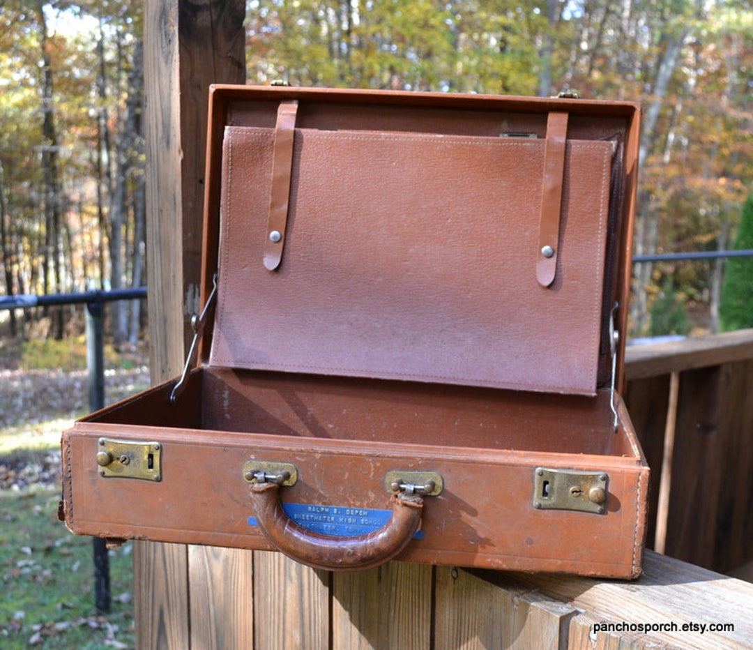 Vintage Worn LEATHER Briefcase Distressed Hard Side Briefcase School ...