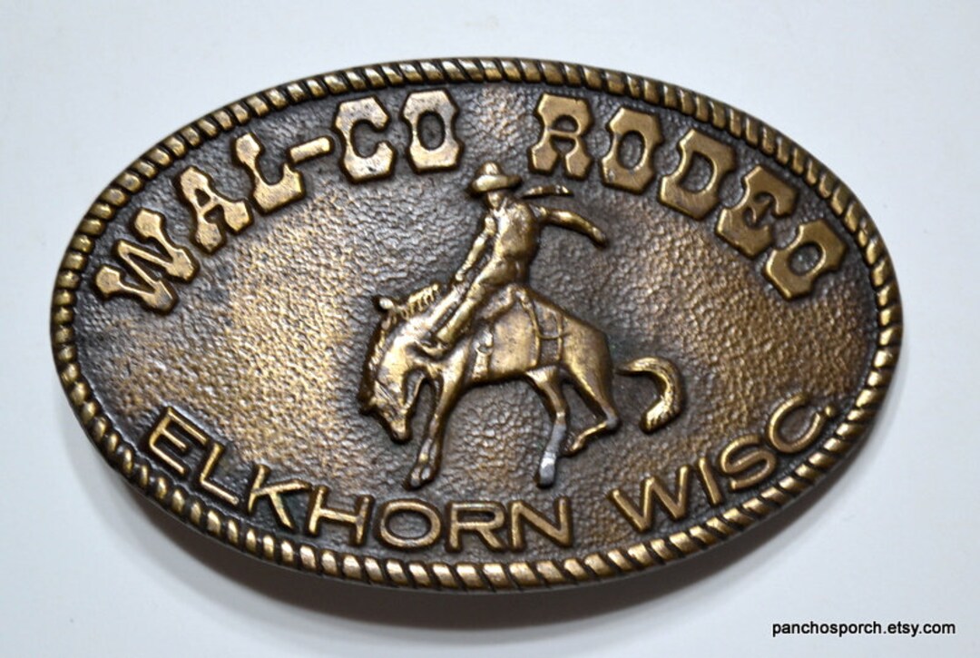 Vintage Wal Co Rodeo Belt Buckle Elkhorn Wisconsin Brass Western Cowboy ...