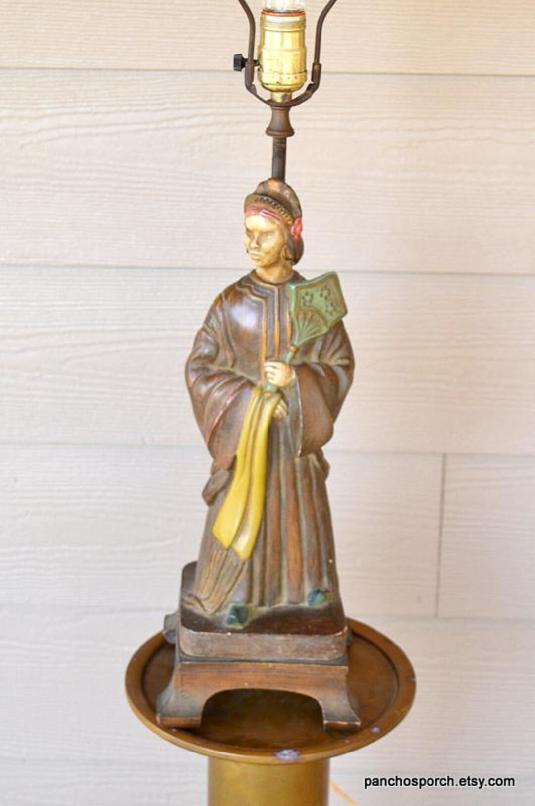 Vintage Asian Woman Figural Table Lamp Ceramic Lady Robes Fan Wooden ...