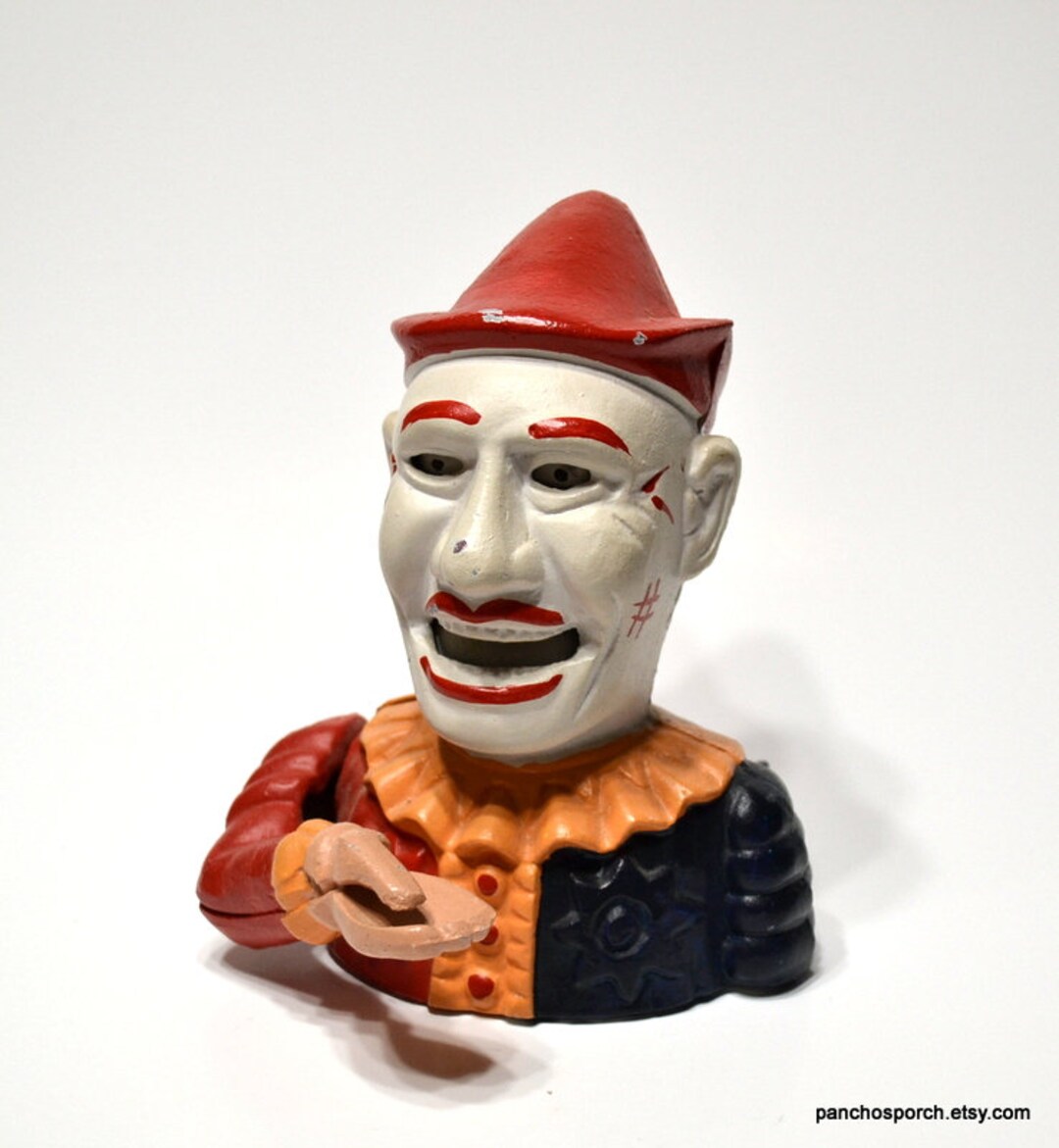 Vintage Cast Iron Clown Bank Mechanical Coin Bank Reproduction Humpy ...